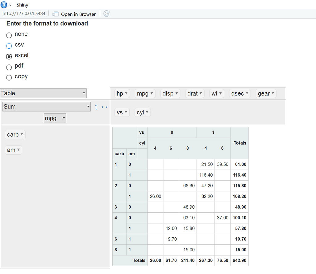 not able to save the pivot table output as csv / excel from ShinyApp using rpivotTable - shiny ...