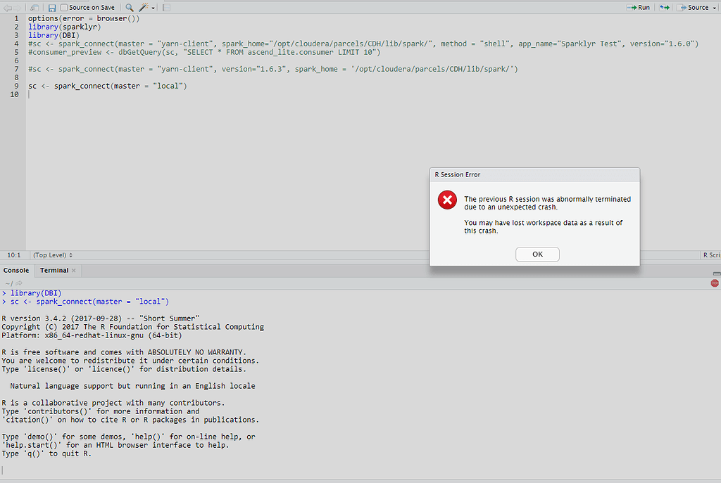 R Studio crashes when connecting to Spark with sparklyr - General ...