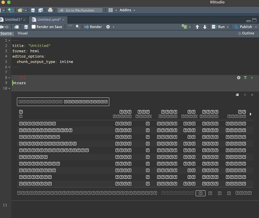 macOS Tahoe: Inline table text encoding error in RStudio with Quarto ...