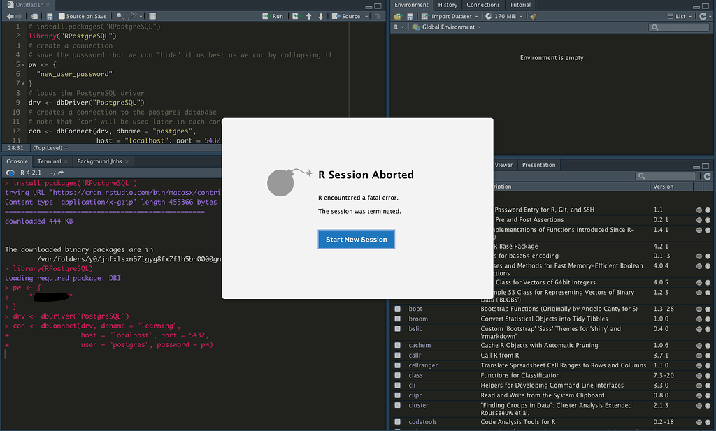 Unable to connect PostgreSQL to R Studio Due to "R Session Aborted ...