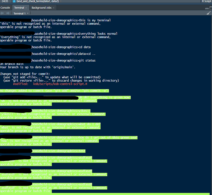 RStudio terminal has persistent illegible green background after using ...