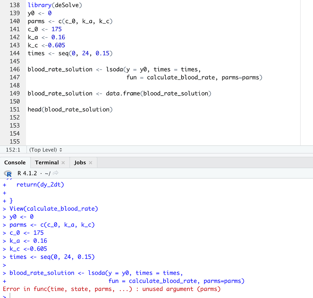 'Error in func(time, state, parms, ...) : unused argument (parms)' when using lsoda to create ...