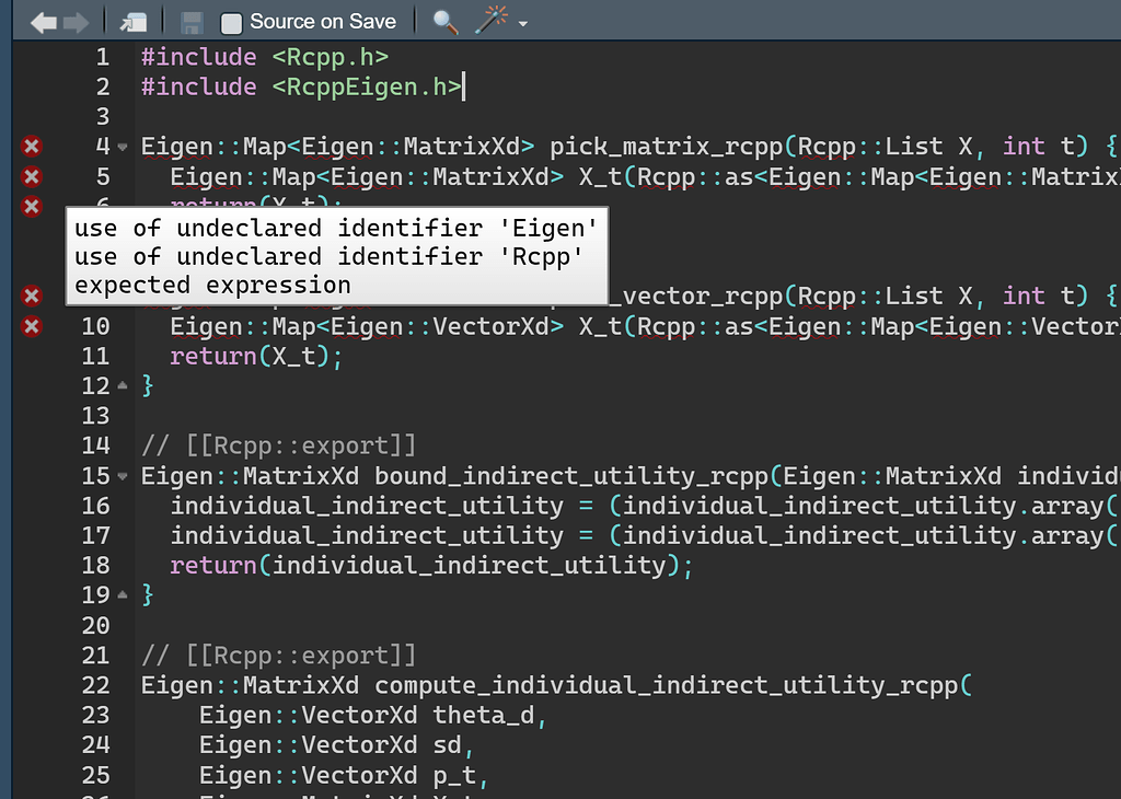Use of Undefined Identifier Error for Rcpp and Eigen - RStudio IDE ...