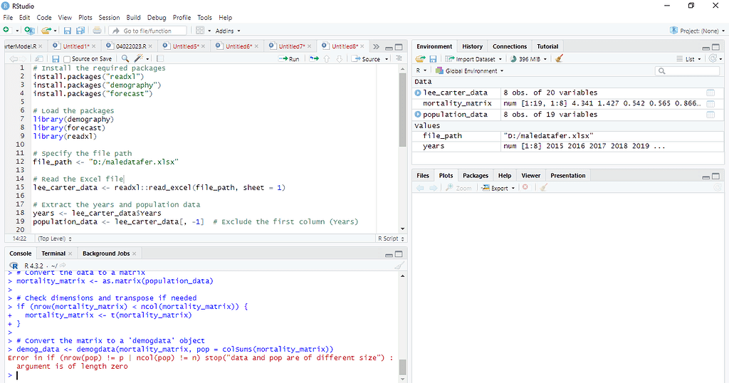 Error in if (nrow(pop) != p | ncol(pop) != n) stop("data and pop are of different size ...