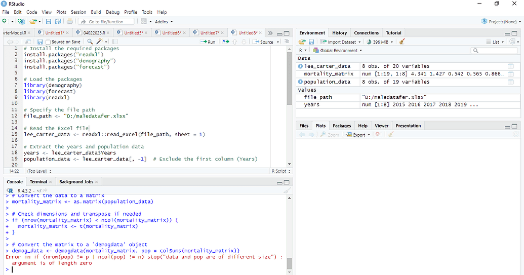 Error in if (nrow(pop) != p | ncol(pop) != n) stop("data and pop are of ...