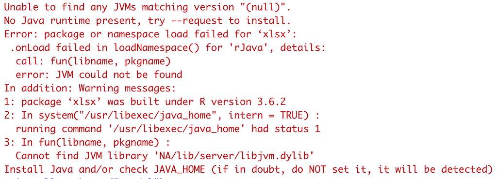 Unable to find any JVMs matching version "(null)". No Java runtime present, try --request to ...