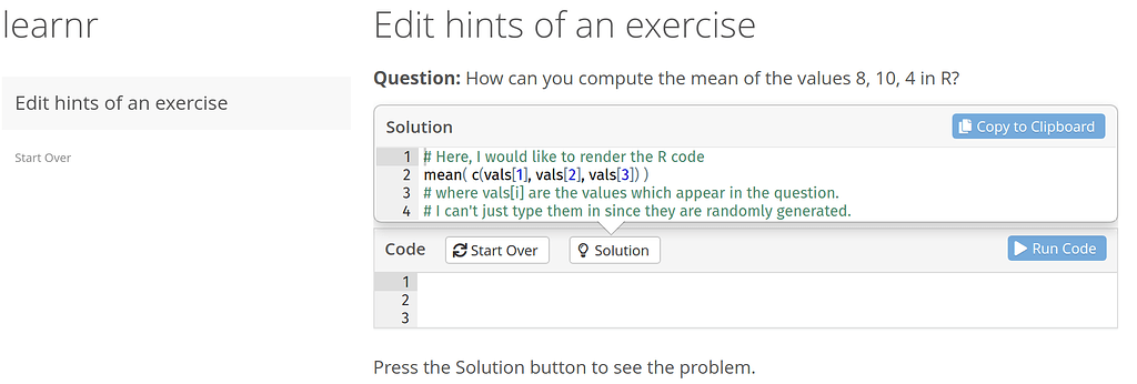 Learnr exercise hints: How to show randomly generated values - Publishing Your Results - Posit ...