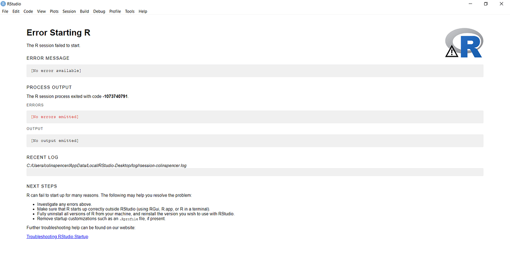 Error Starting R - The R session process exited with code -1073740791. - RStudio IDE - Posit ...