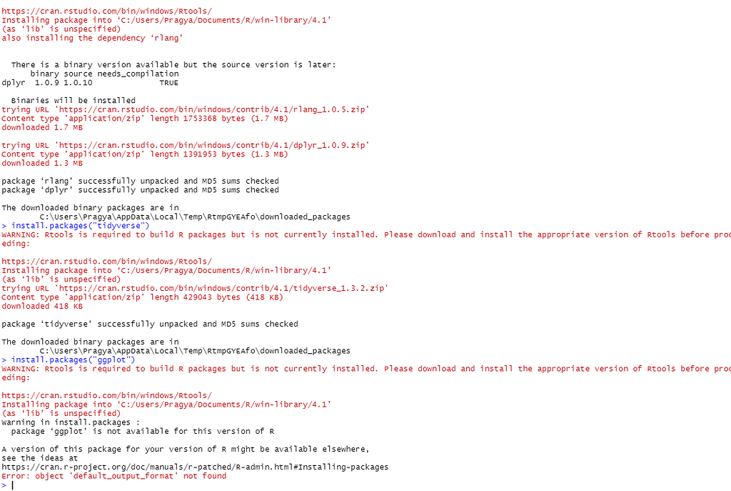 Rtools is required to build R packages but is not currently installed. Please download and ...