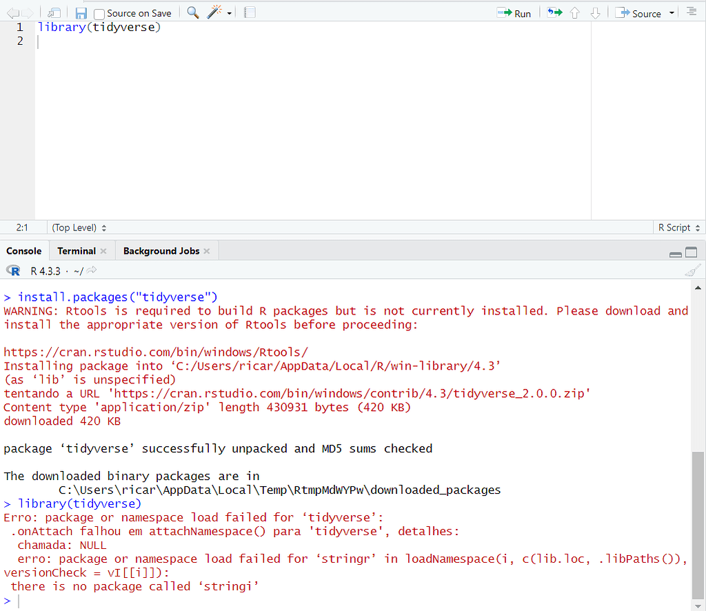library(tidyverse) Erro: package or namespace load failed for ... library(tidyverse) Erro: package or namespace load failed for ...