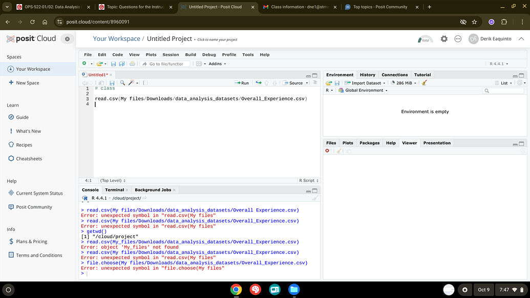 Can't code files directly into Rstudio posit cloud due to the space in "My Files" in chromebook ...