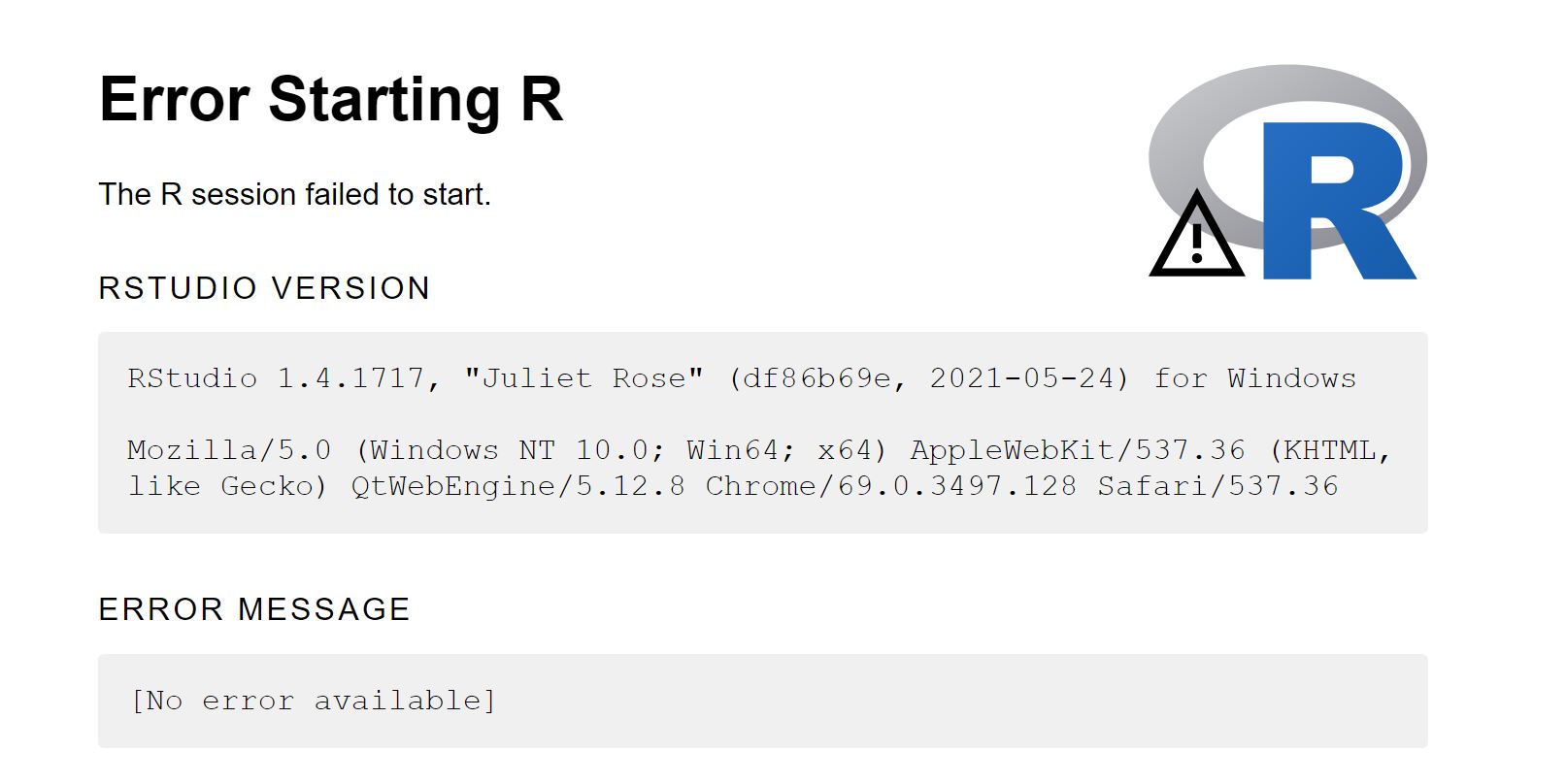 Error Starting R The R session failed to start. - RStudio IDE - Posit ... Error Starting R The R session failed to start. - RStudio IDE - Posit ...